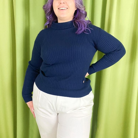 Tres-elle | Sweaters | 6s Vintage Navy Blue Rib Knit Mock Neck Sweater ...